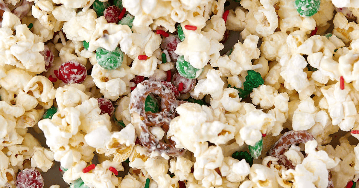 White Chocolate Christmas Popcorn with M&Ms - Sass and Salt